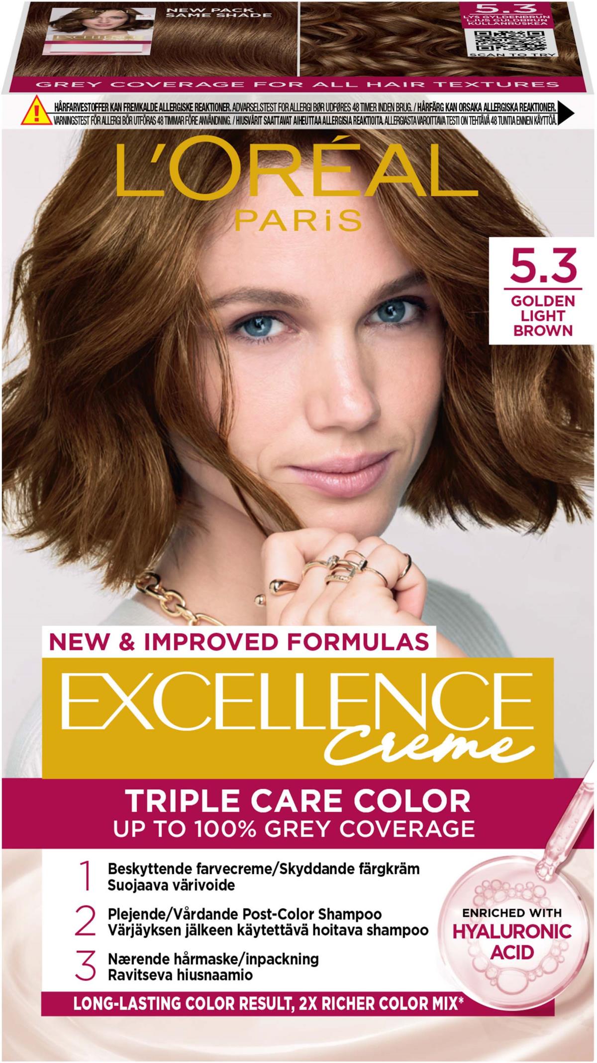 Loreal Paris Excellence Crème Triple Care Color 5,3 Golden Light Brown ...