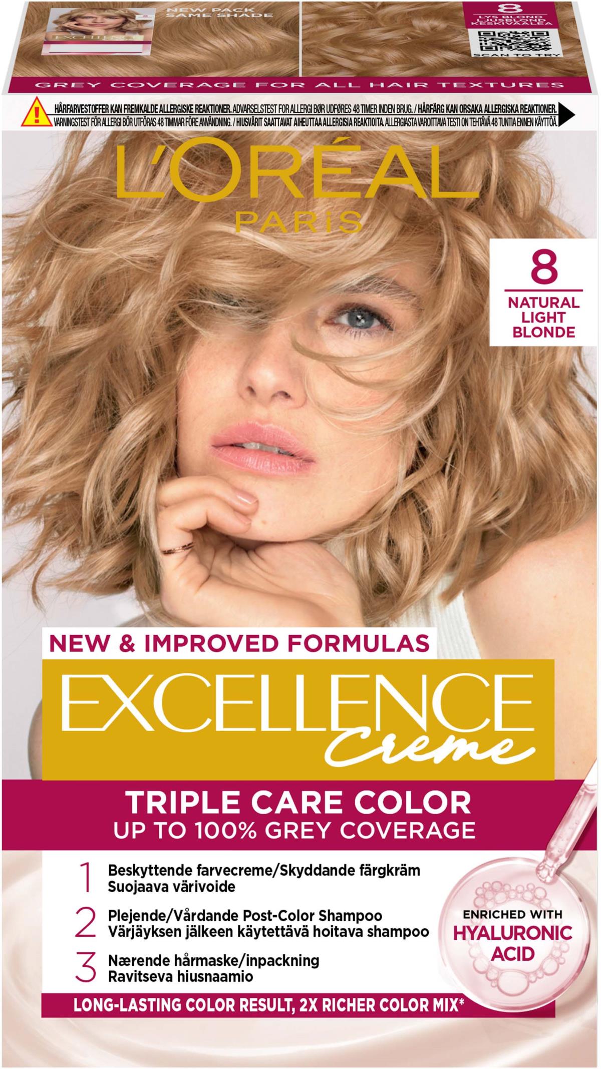 Loreal Paris Excellence Crème Triple Care Color 8 Natural Light Blonde ...