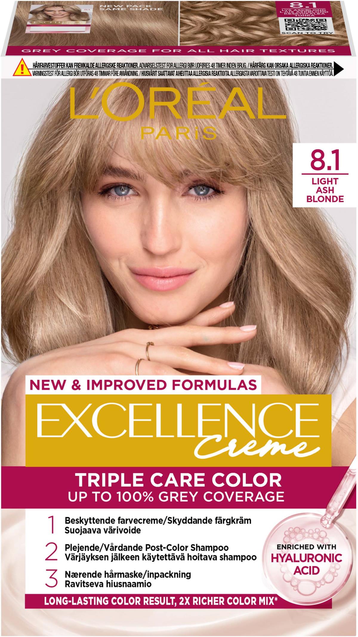 Loreal Paris Excellence Crème Triple Care Color 8,1 Light Ash Blonde ...